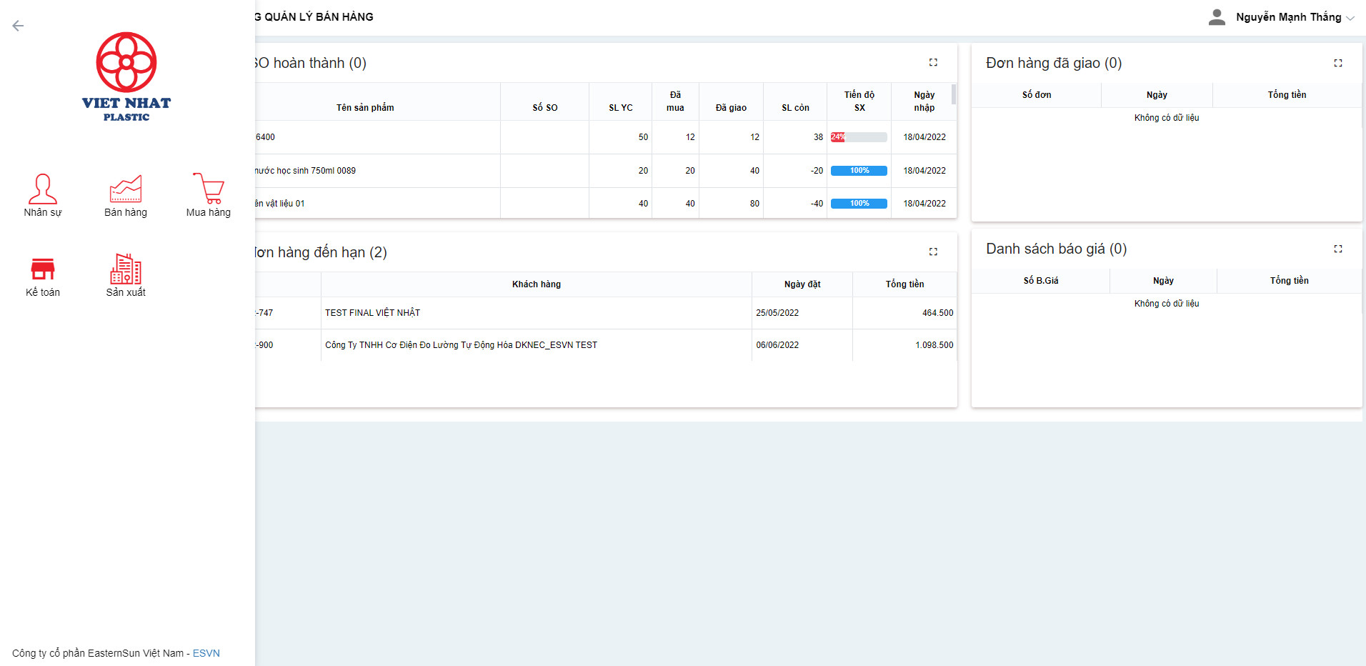 NHÀ MÁY VIỆT NHẬT TRIỂN KHAI HỆ THỐNG EASTERN SUN ERP